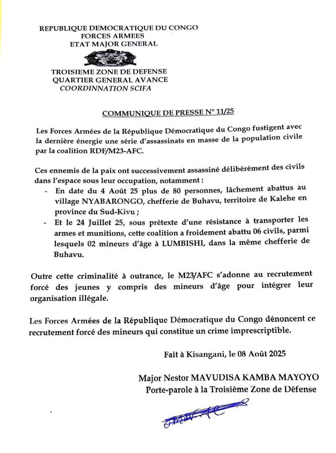 RDC : Les FARDC dénoncent une série de massacres et le recrutement ...